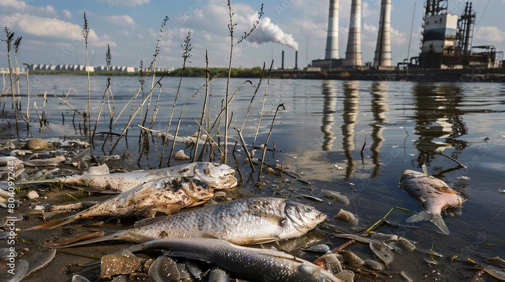 Detailed view of dead fish washed ashore near a thermal power plant ...