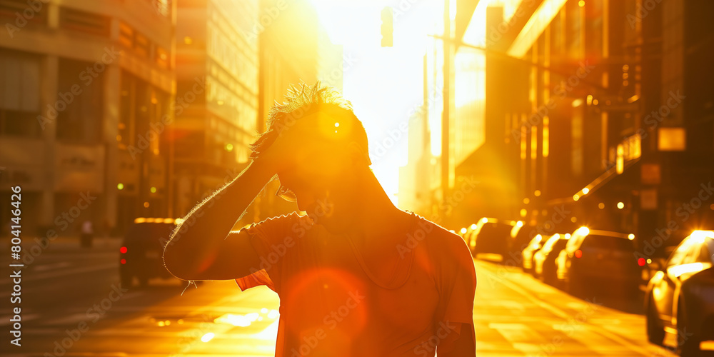 Exhausted person suffering from heat wave on a city street under direct ...