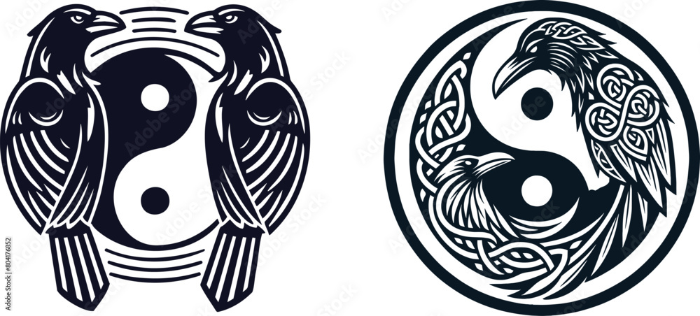 Set of raven with yin yang symbol, tribal tattoo design, vector ...