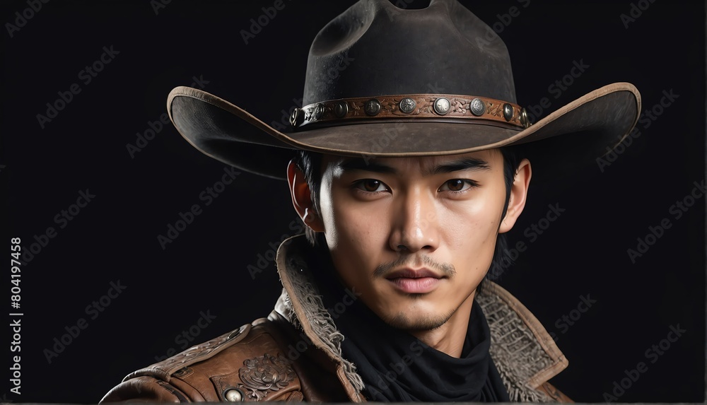 handsome asian male fashion model on cowboy outfit close-up portrait ...