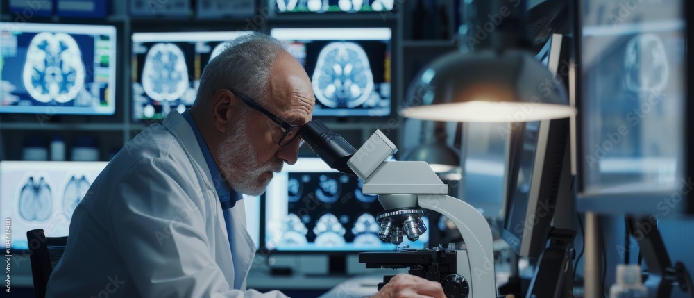 Research Scientist under the microscopical microscope in a laboratory ...