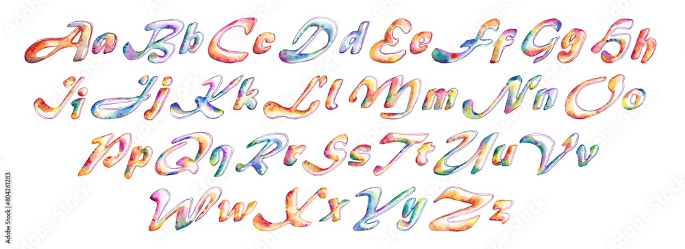 Watercolor English alphabet in bright rainbow colors. Hand drawn ...