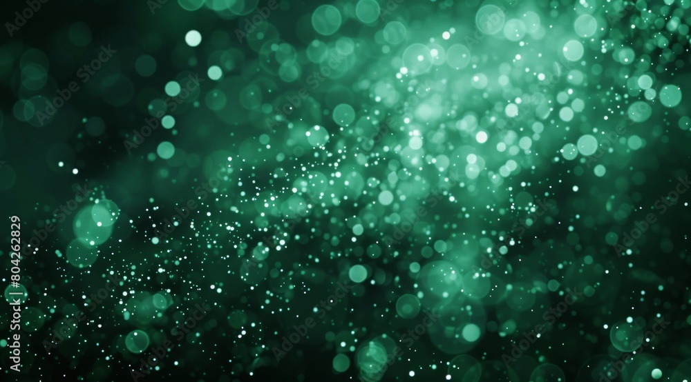 Abstract green particles background with bokeh lights and space for text. Glitter effect on dark ...
