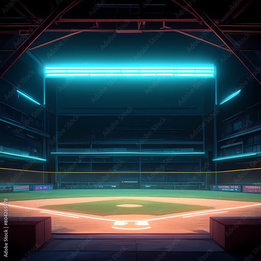 Neon Lights Shine Bright on a Modern Baseball Stadium at Nighttime ...