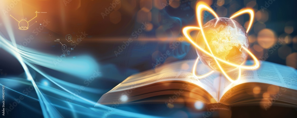 Captivating Image of an Open Book with a Glowing Earth Atom Model ...