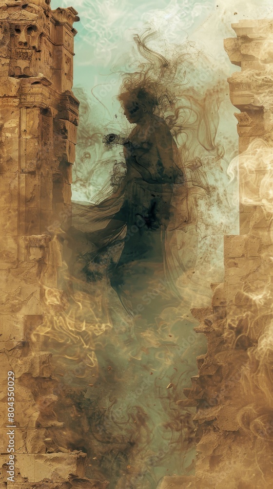 Banshee drifting through ancient ruins, a whisper of history, portrayed ...