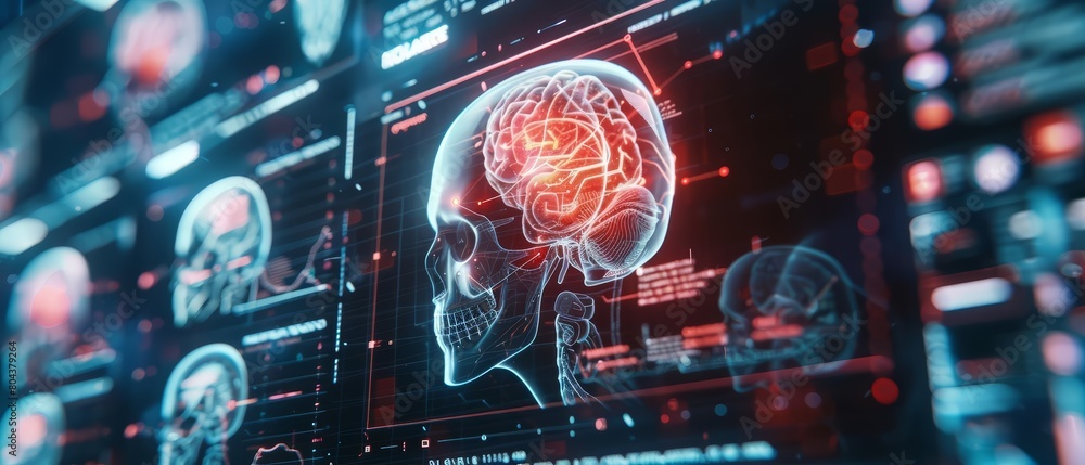 An illustration of a brain scan with a glowing red and blue brain ...