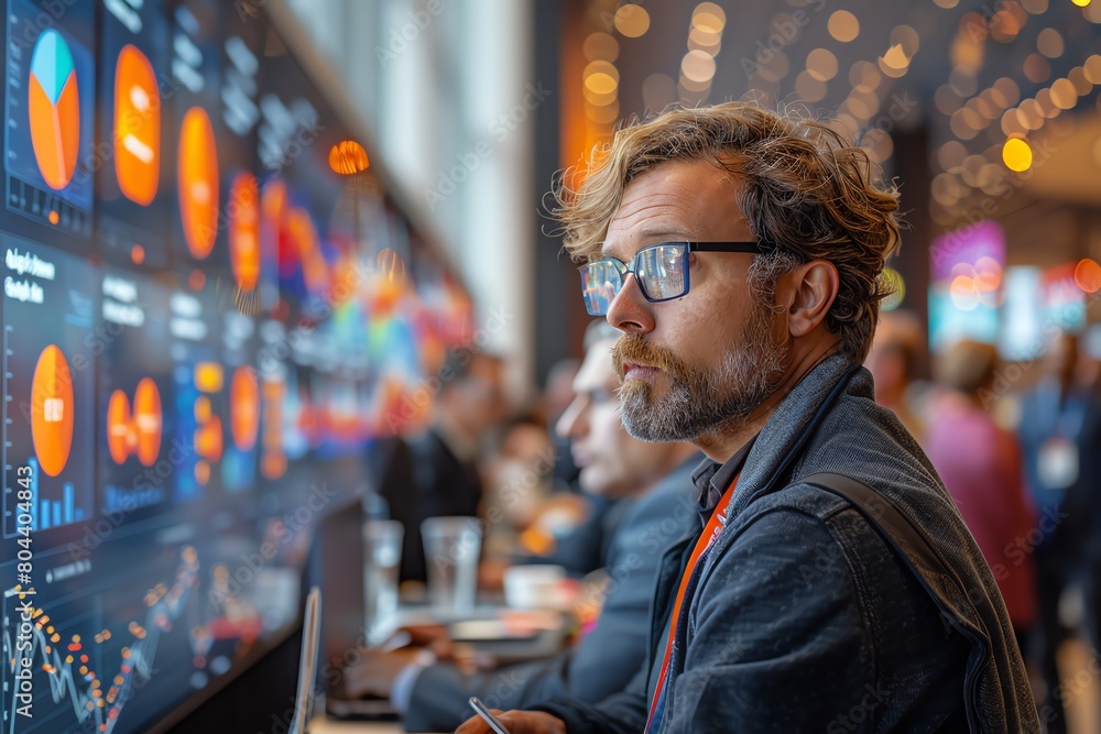 A dynamic networking event at a modern conference center, bustling with ...