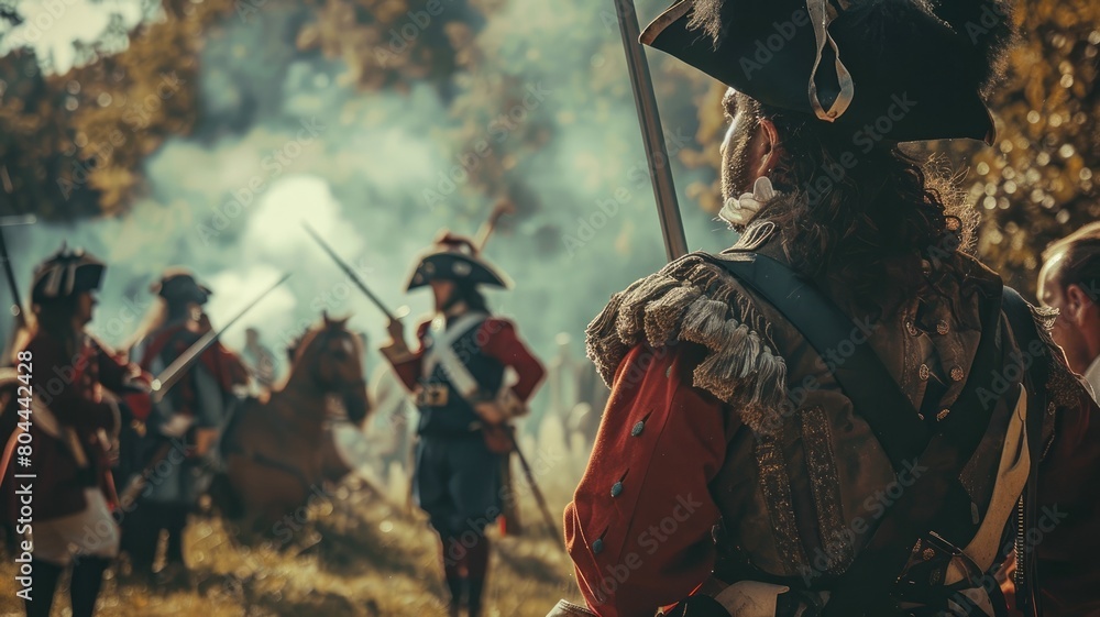 Historical battle reenactment with soldiers in vintage military ...