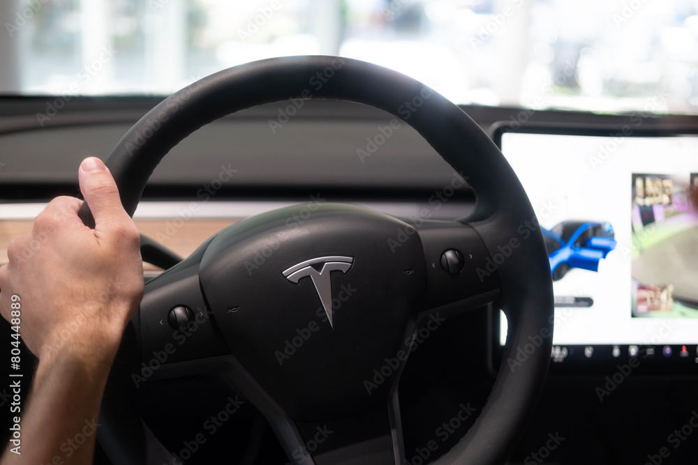 male hand on Driver's column, Behind steering wheel Tesla model Y ...