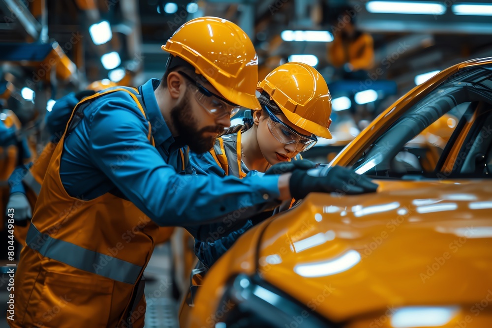Engineers in a modern automotive assembly line, checking robotic arms ...