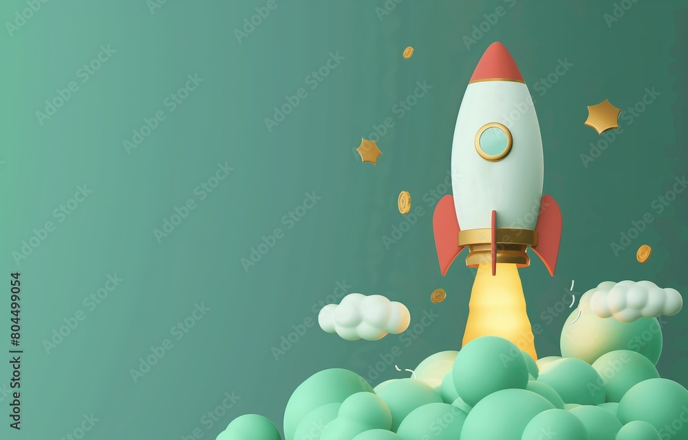 Graphic representation of a rocket launching with a yellow fiery thrust ...