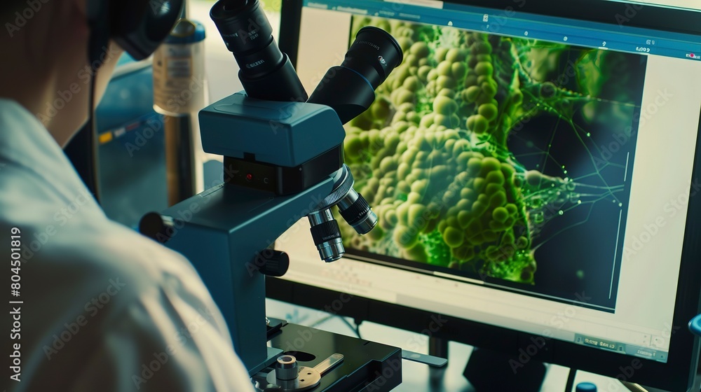 Technician using digital microscope to analyze plant disease, close up ...