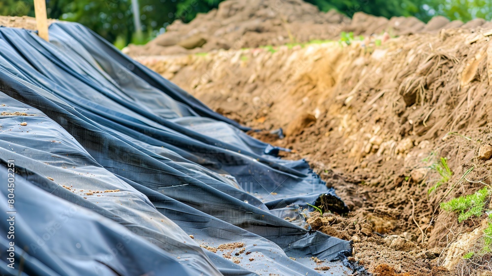 Soil erosion control with geotextiles, close up, fabric being laid down ...