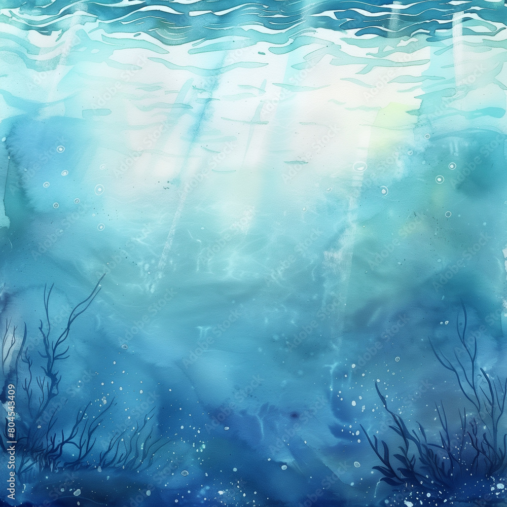 blue gradient watercolor underwater background with coral reef and ...