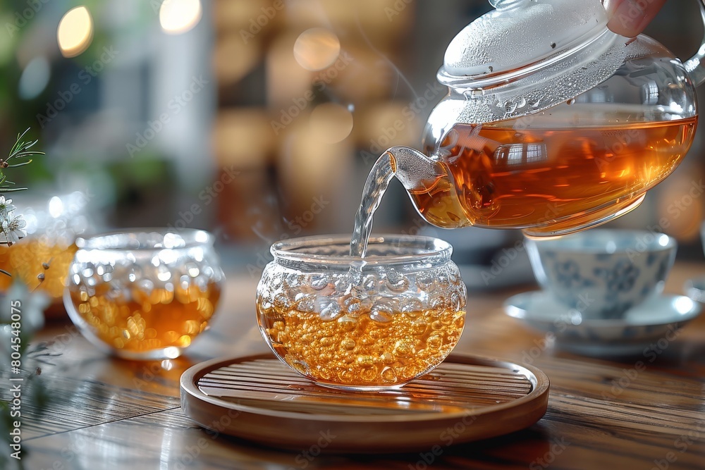 This picture captures a modern tea time experience with a clear glass ...