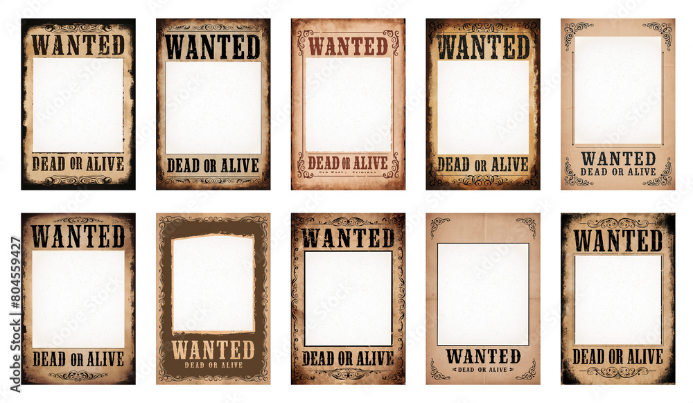 Set of 'Wanted Dead or Alive' vintage posters. Retro 1865 to 1900 time ...