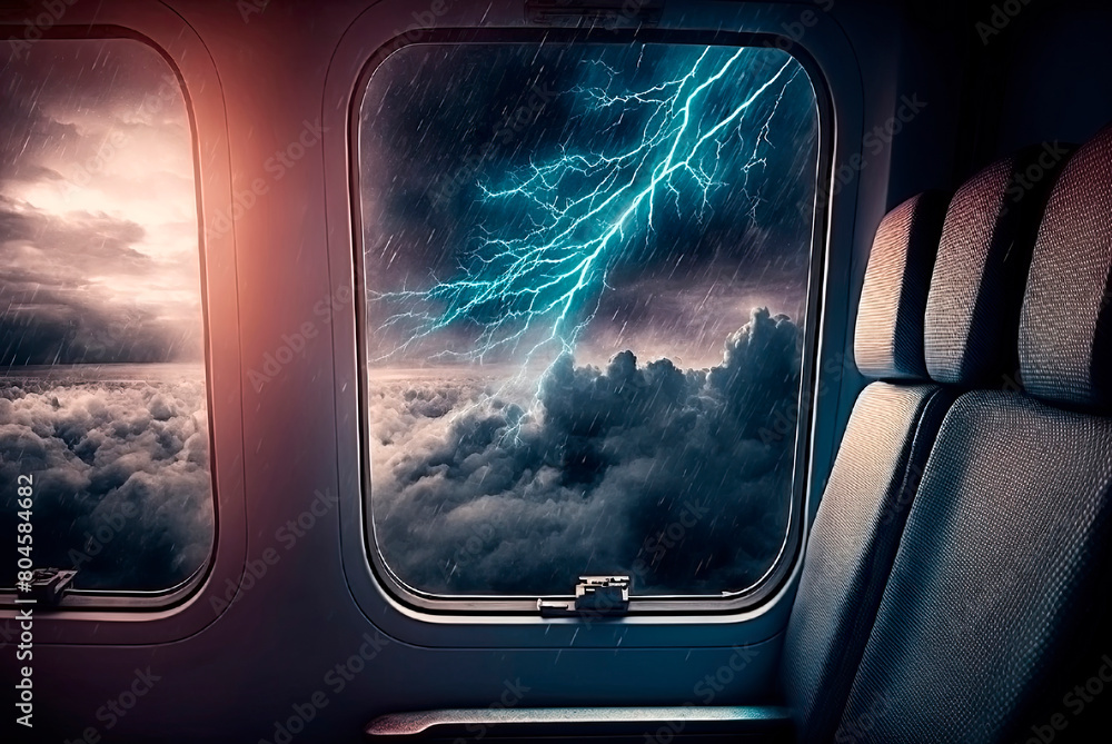 Airplane flies in the sky in bad weather thunderstorm lightning ...