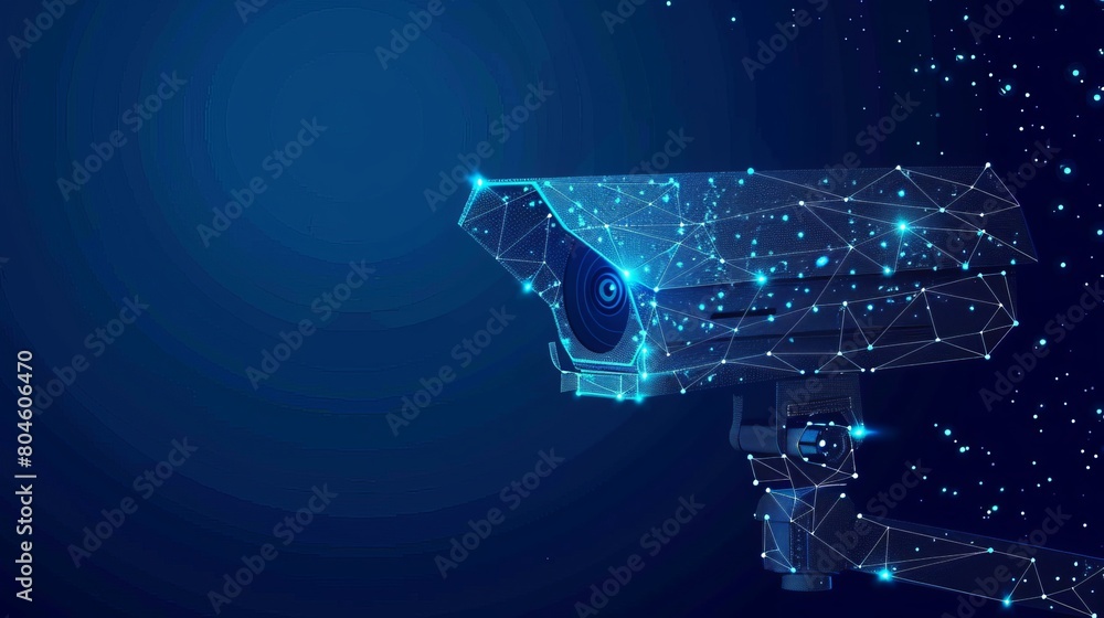 Depicting modern CCTV cameras, this abstract low poly wireframe mesh ...