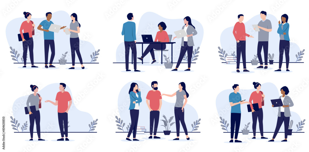 People working and talking together in office collection - Set of ...