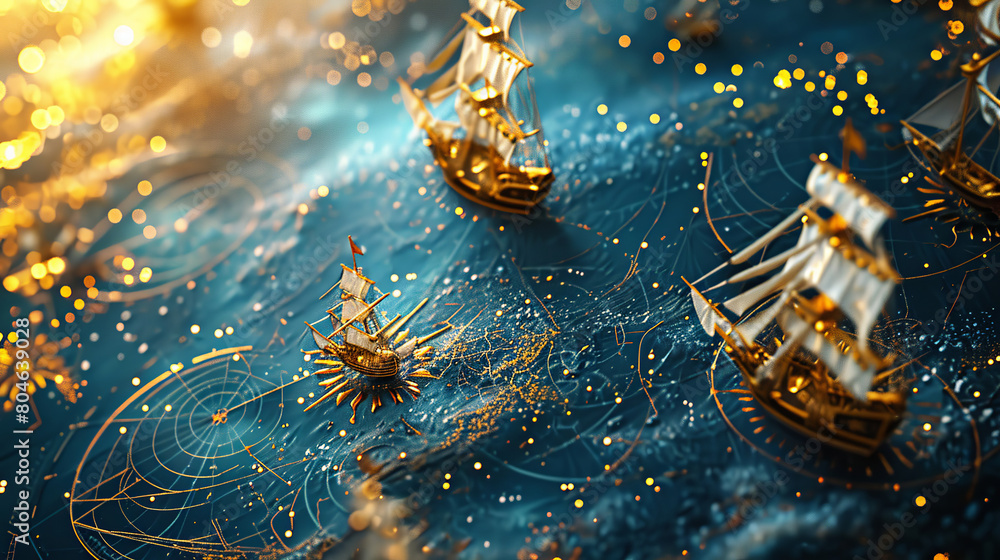 caravels, navy blue, portolan map, sun, heliocentric, compass rose ...