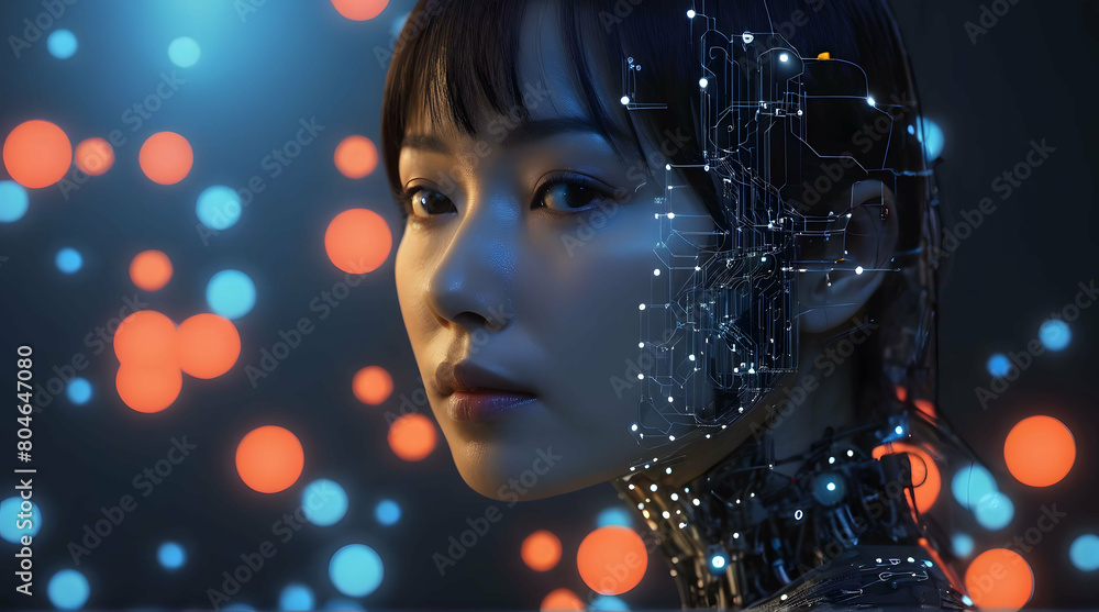 Asian AI cybersecurity threat illustration, Asian female IT specialist analyzing data ...