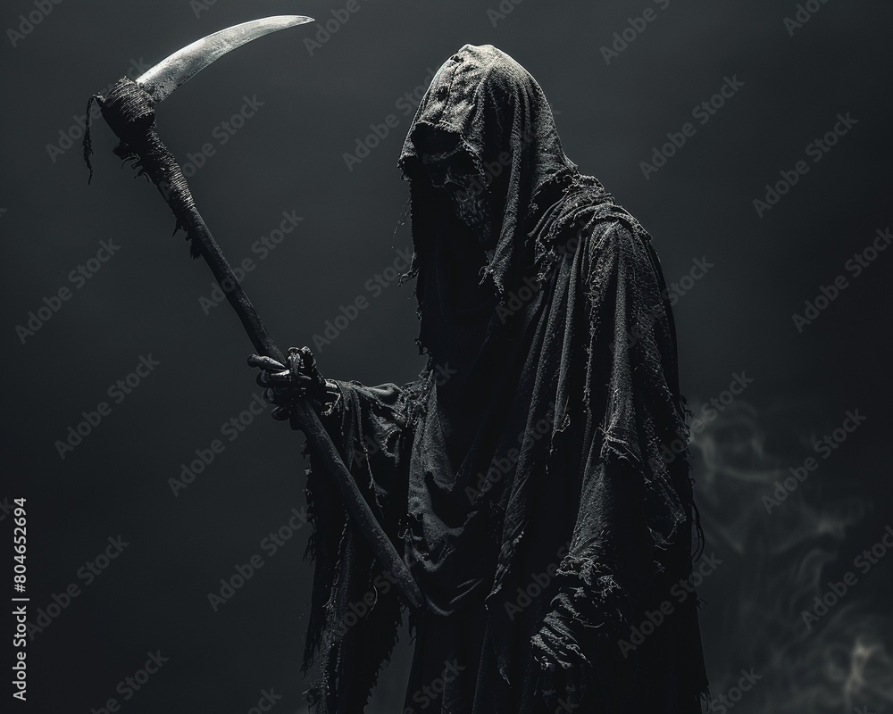 An eerie image of the Grim Reaper holding his scythe, dressed in ...