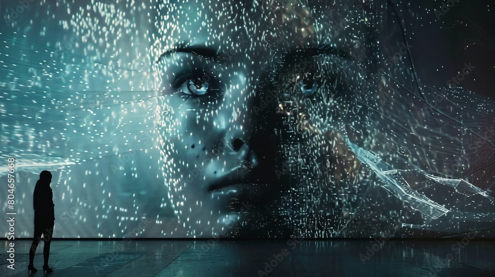 Large-scale digital art projection on a wall. The artwork depicts a ...