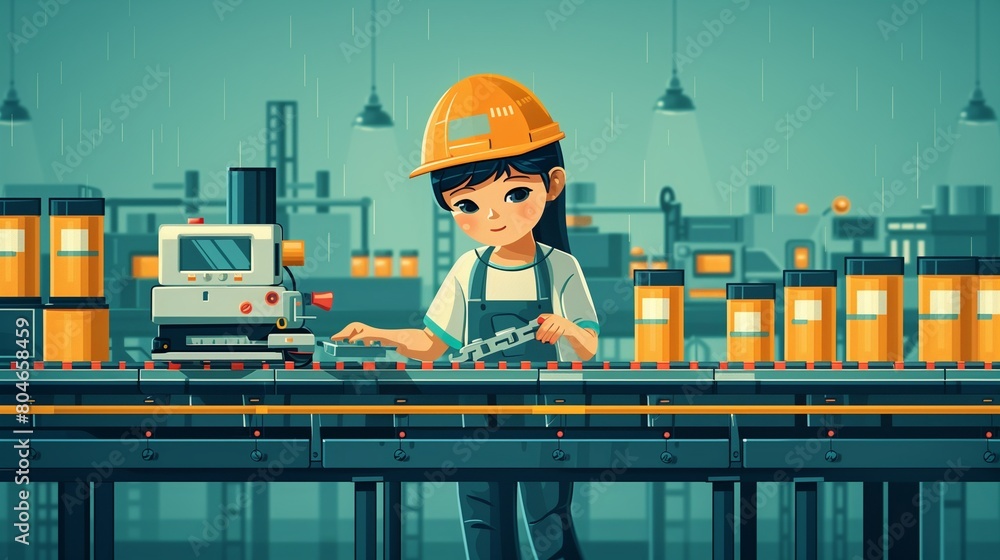 Child working on an assembly line, flat solid color illustration, teal ...