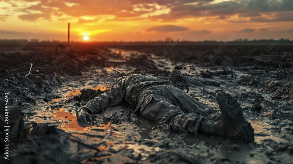 Dead soldier laying face down in the mud in front of the sunset, end of ...