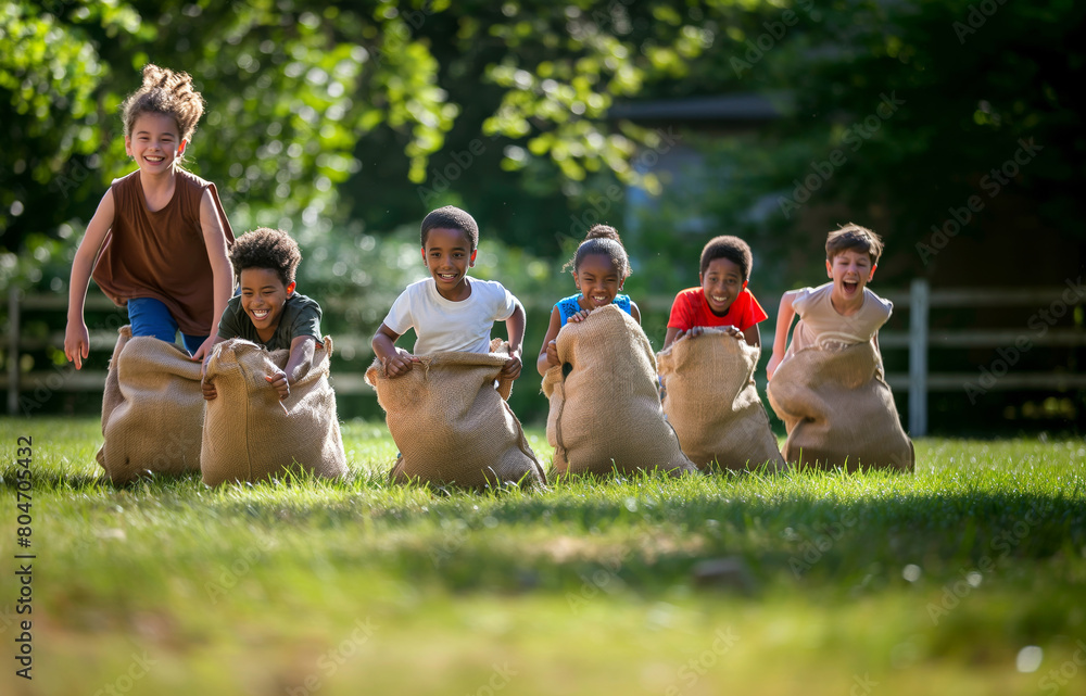 Children racing in sack race at outdoor summer camp. High-energy ...