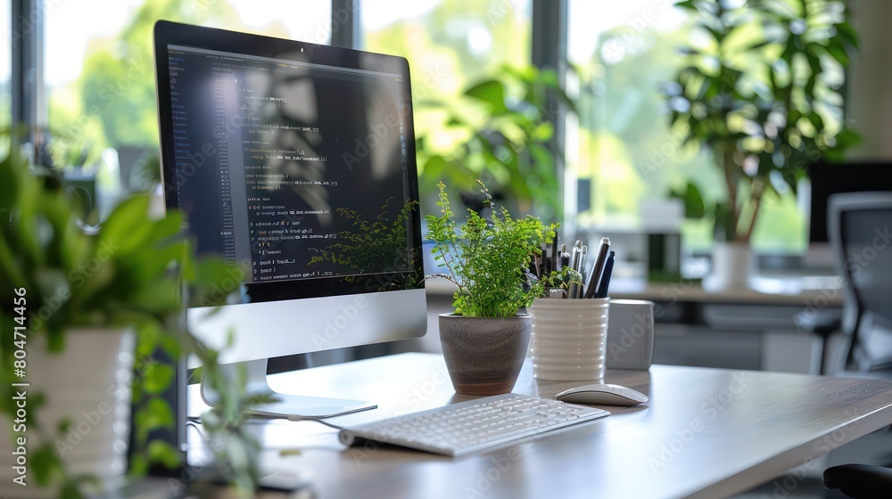 A modern office workspace featuring a computer monitor displaying code ...