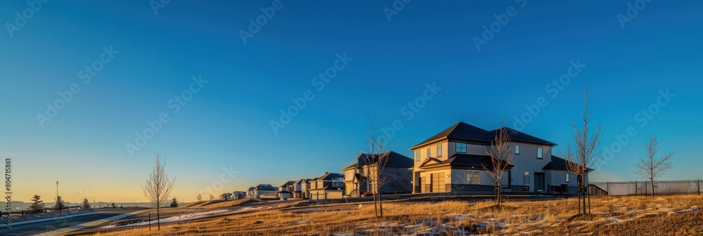 Idyllic suburban neighborhood with houses lit by the soft glow of ...