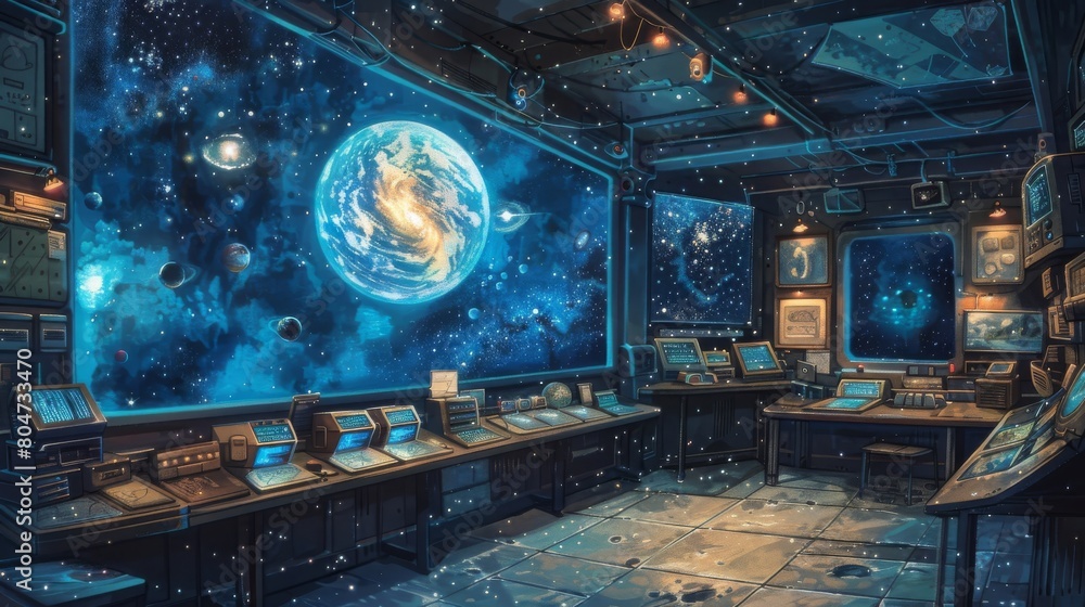 The image shows a control room of a spaceship. There are several ...