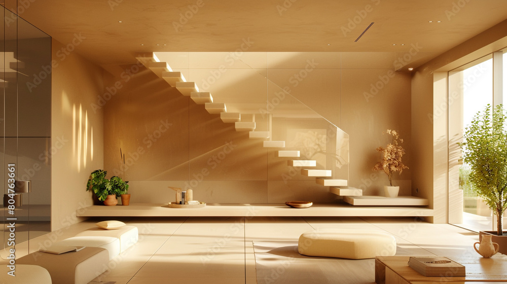 Soft tan entrance hall in a modern American home, featuring a floating ...