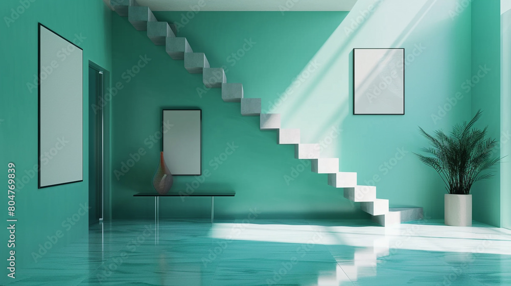 Contemporary entrance hall in vibrant turquoise, featuring a modern ...
