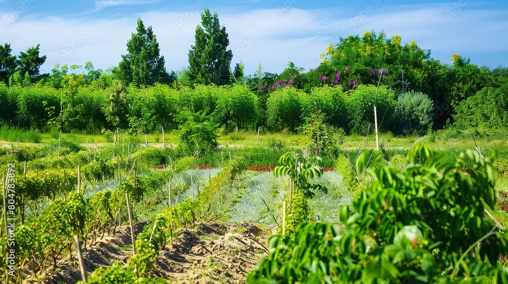 Agroforestry plot with mixed crops, close up on interplanted trees and ...