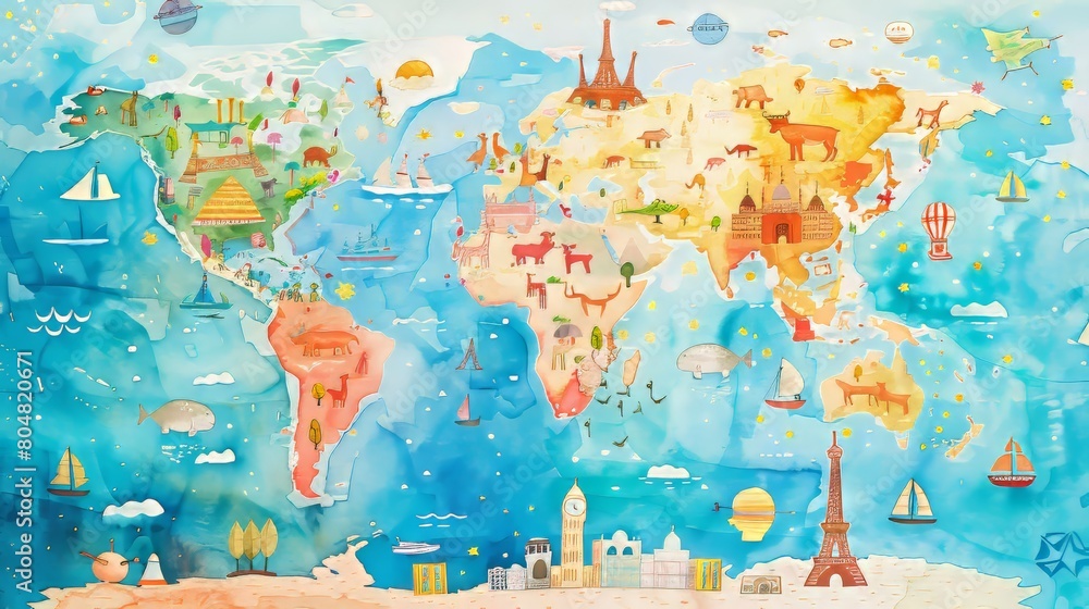 Watercolor of a vibrant world map with playful icons marking famous ...