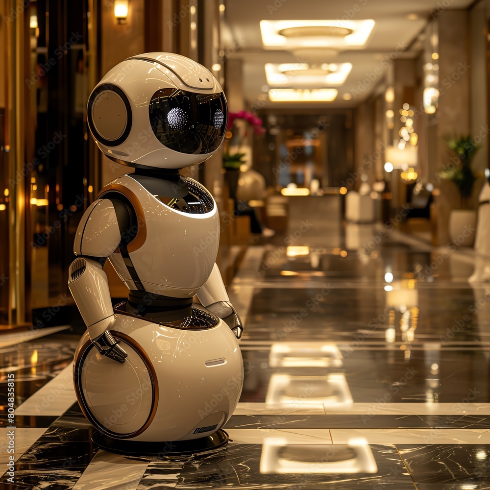 Interactive robot concierge providing tourist information in a busy hotel lobby, elegant and ...