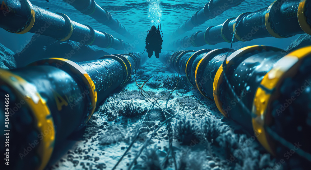 A diver inspecting an underwater cable pipe for data transfer. The ...