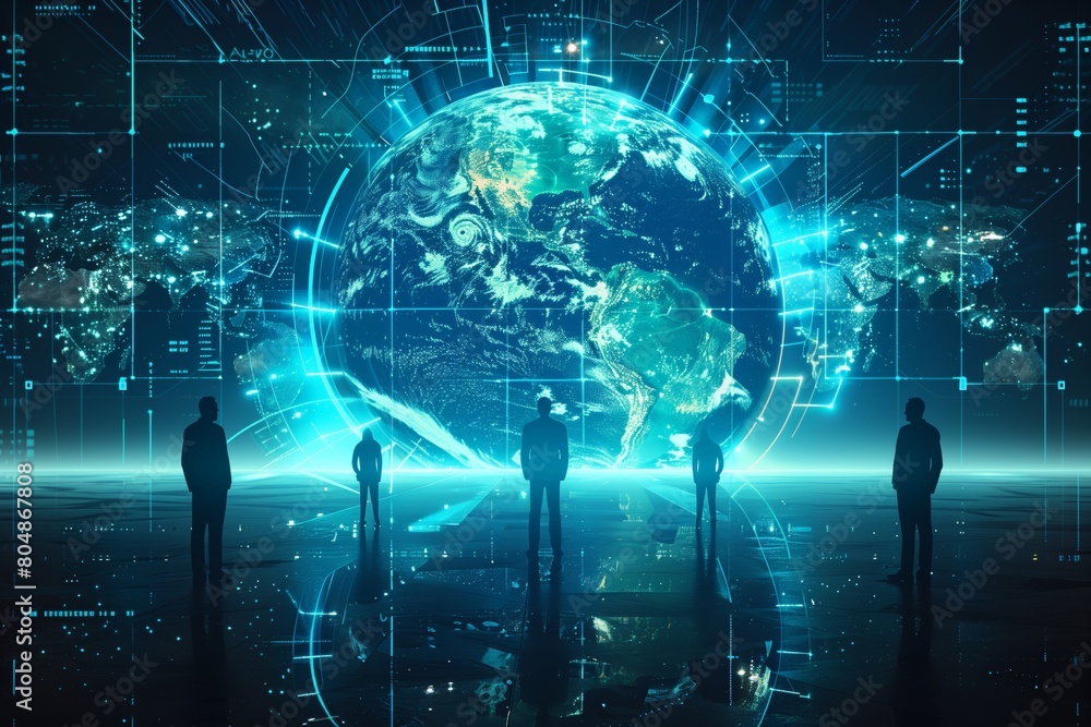 Digital world with glowing earth hologram and business people standing ...