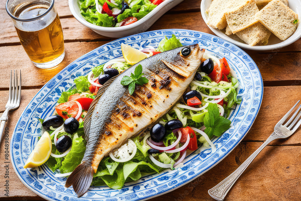 Traditional Cretan Dorada fish with Greek salad, Kissamos, Crete, Greek ...