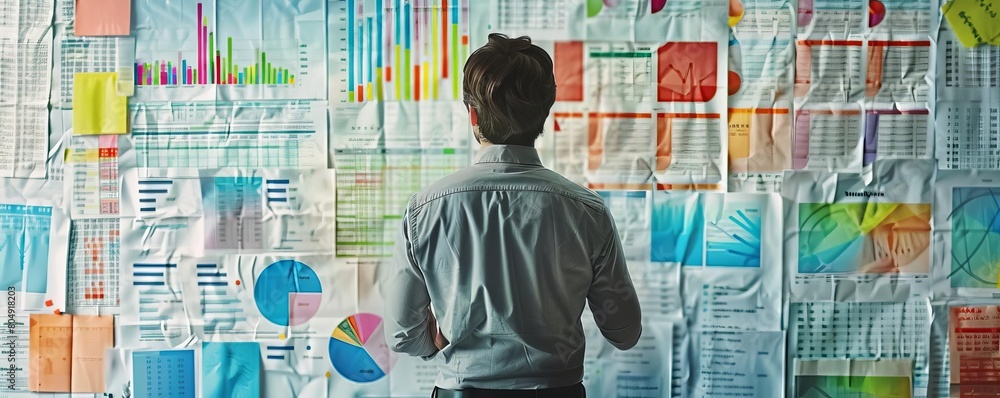 Solo entrepreneur reviewing upward sloping graphs on large paper ...