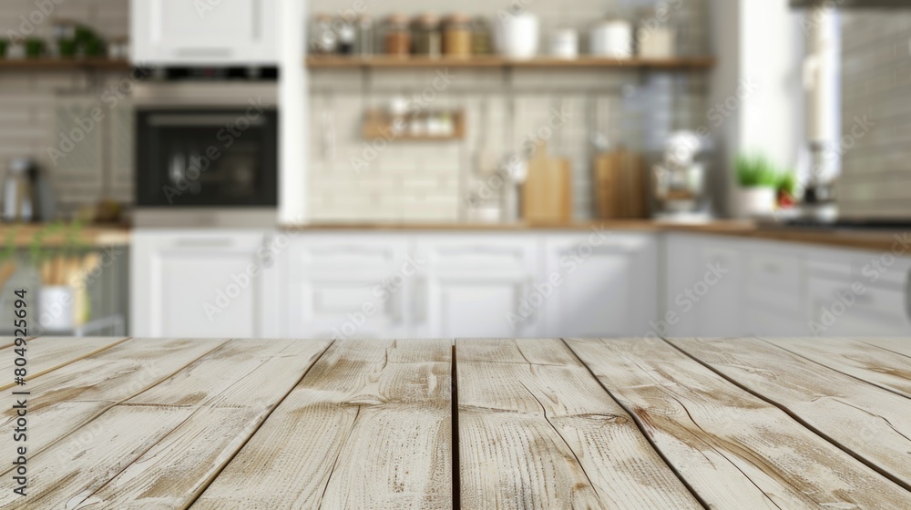 Wood table top on blur kitchen room background .For montage product ...