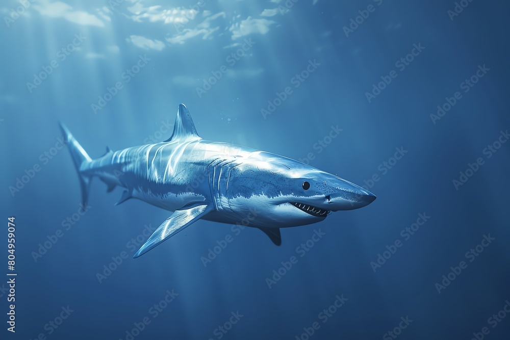 Mako shark, 3D visual, bright white environment, fast swimming action ...