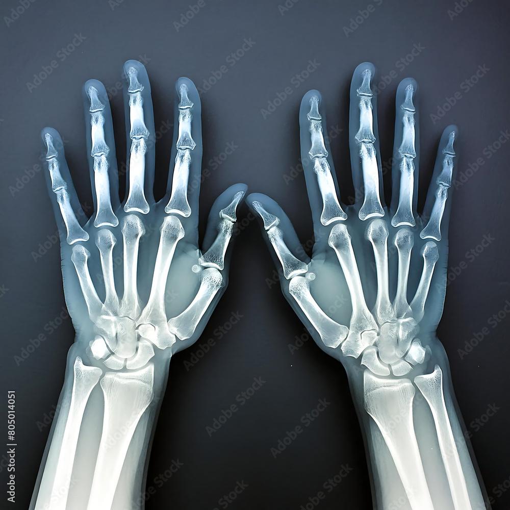x-ray showcasing a human hand, bones visible. soft blue on black ...