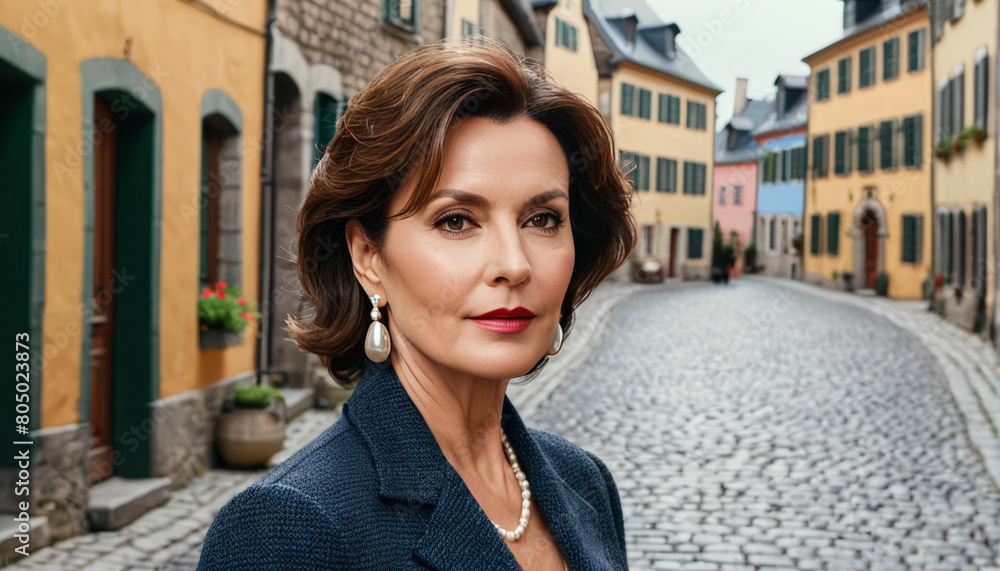 Elegant mature woman with classic style posing confidently on a quaint ...