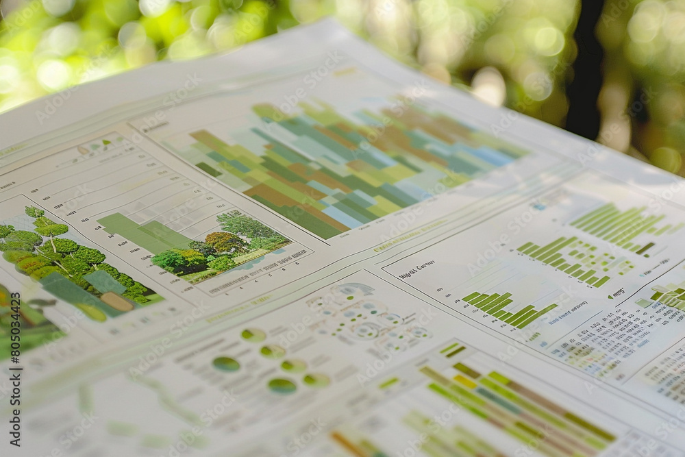 Closeup of an ecology impact report with charts illustrating the ...