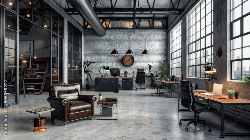 Industrial loft style office 3d render.There are white brick wall ...