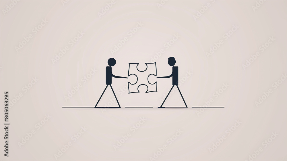Two stick figures are depicted, each holding one puzzle piece and ...